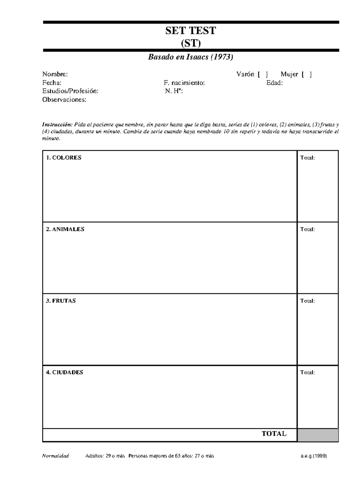 Setest - Prueba Neuropsicologica - SET TEST (ST) Basado en Isaacs (1973 ...