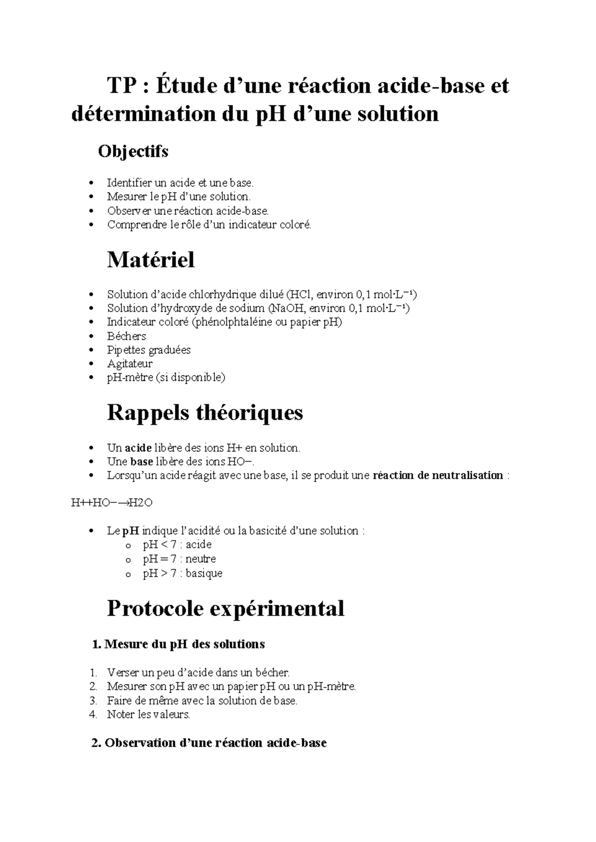 TP : Étude de la Réaction et Mesure du pH des Solutions - Studocu