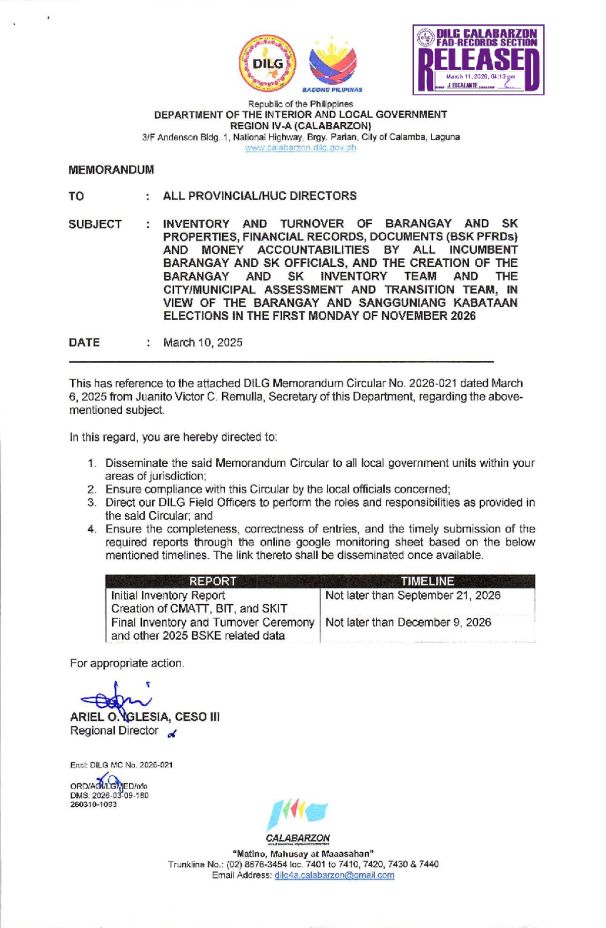 DILG MC 2026-021: Inventory & Turnover of BSK Properties and Records ...