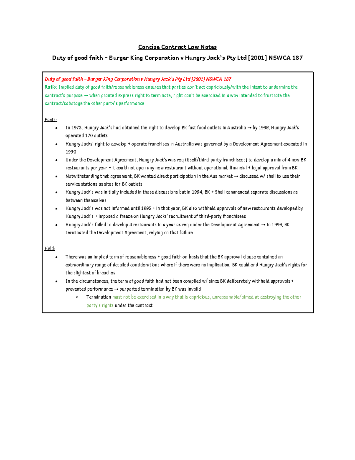 Contract Law Notes: Duty of Good Faith in BK v Hungry Jack's NSWCA 187 ...
