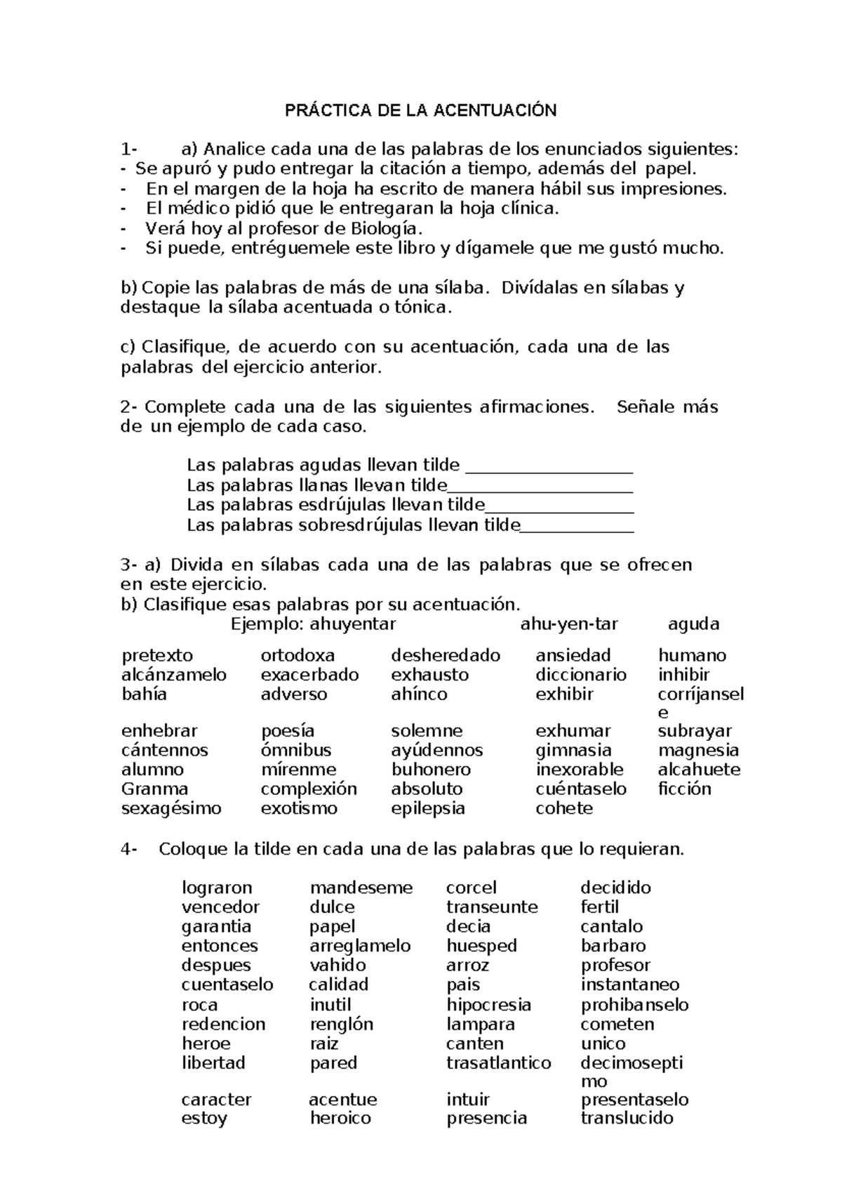Práctica de Acentuación: Análisis y Clasificación de Palabras - Studocu