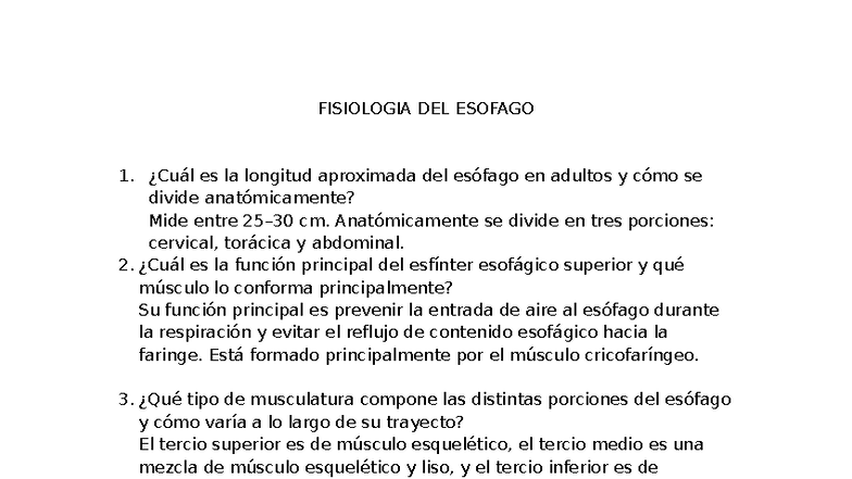 FISIOLOGÍA DEL ESOFAGO: Funciones y Estructura Anatómica - Studocu