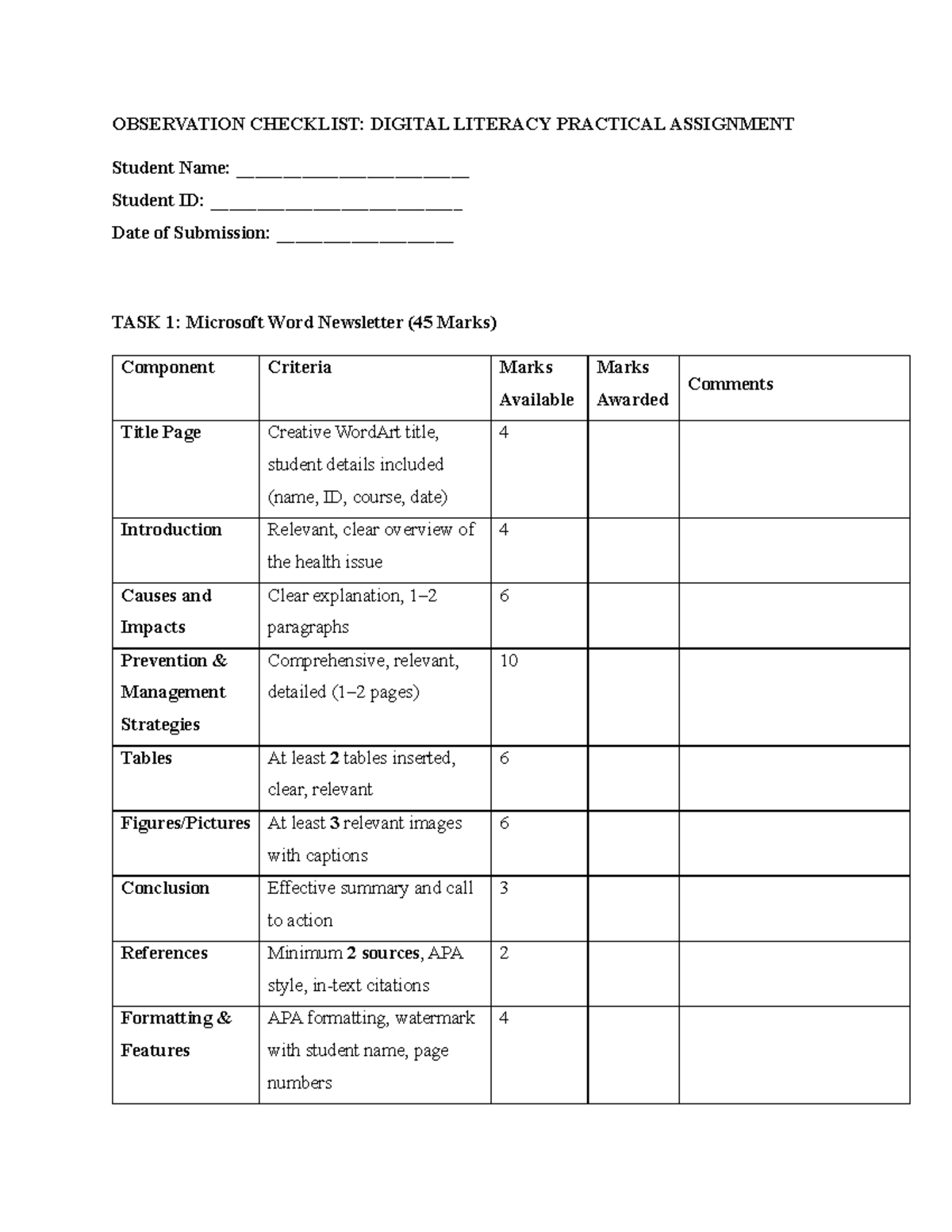 Digital Literacy Practical Assignment Checklist: OBS 101 - Studocu