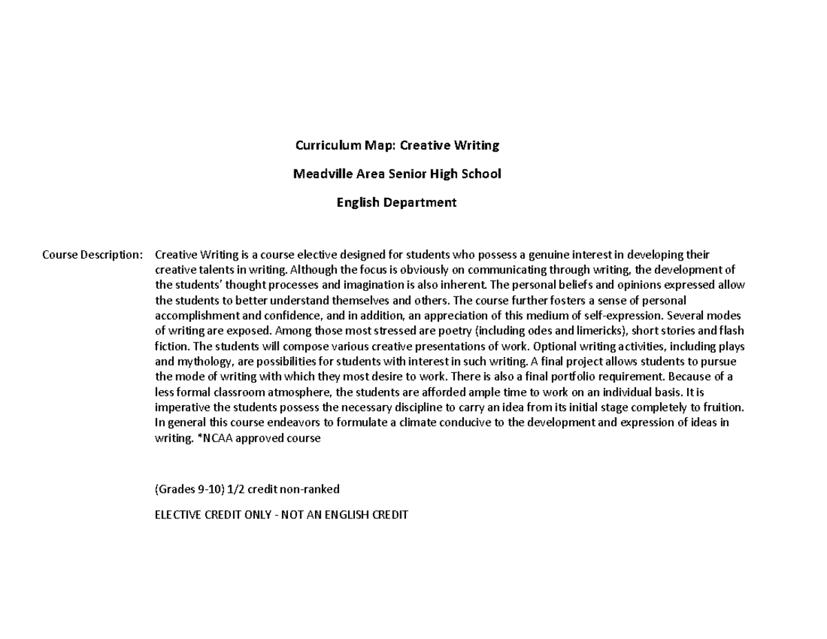 Creative Writing Curriculum Map - Grades 9-10 Overview - Studocu