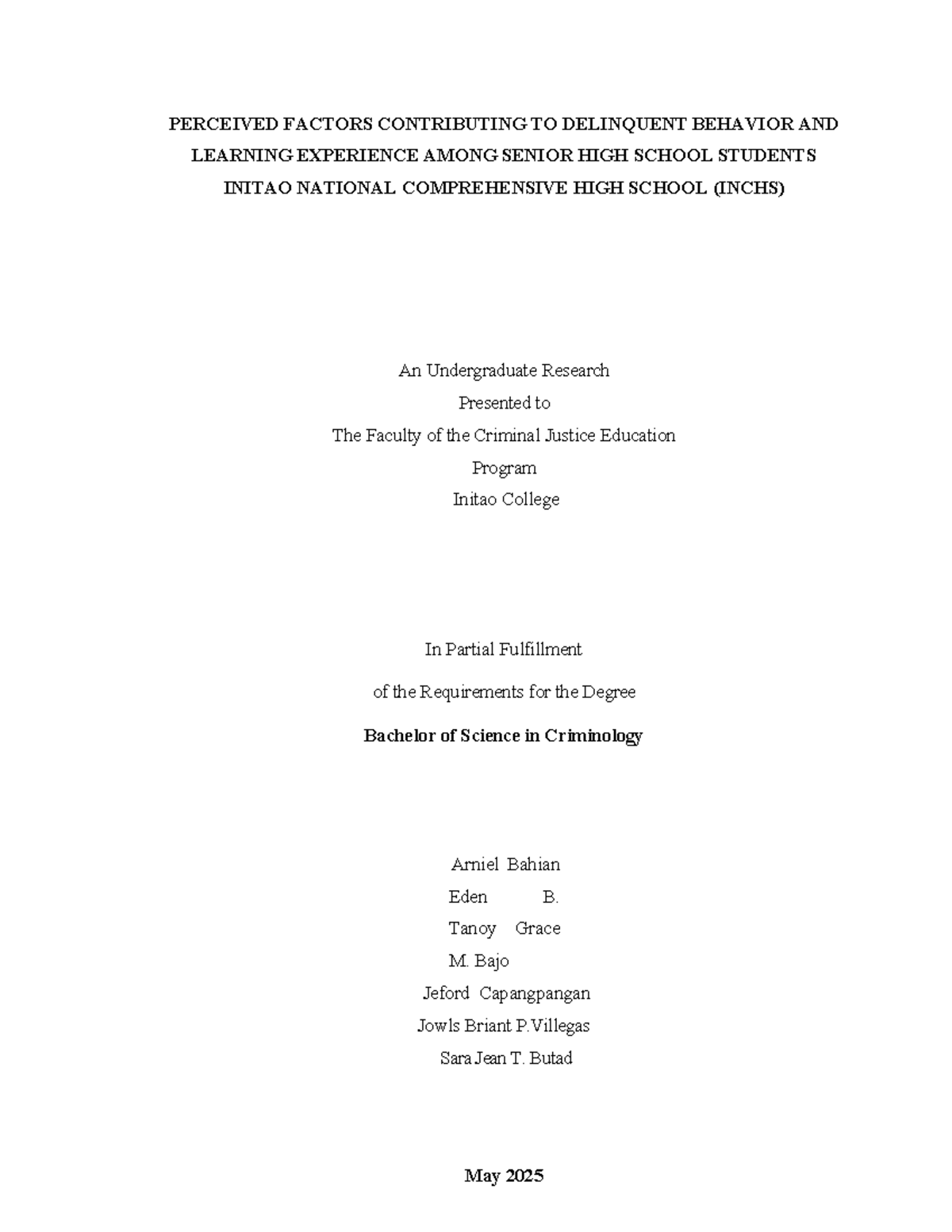 Factors Influencing Delinquent Behavior and Learning in INCHS Students ...
