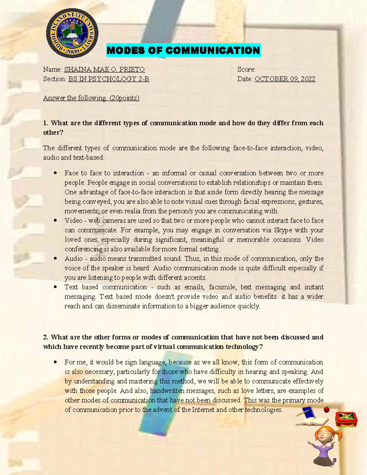 BS Psychology: Modes of Communication Overview and Analysis - Studocu