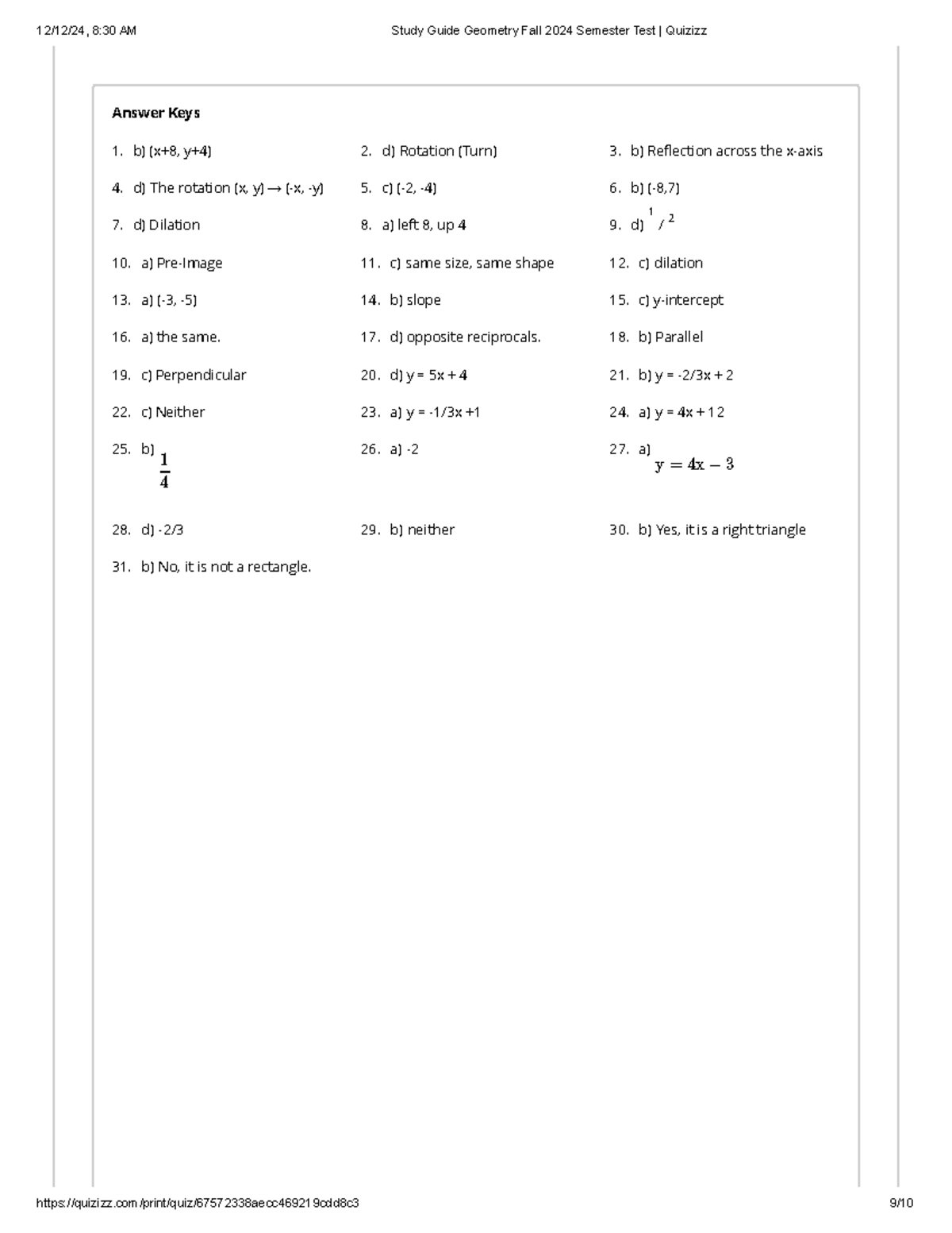 Study Guide-Key Geometry Fall 2024 Semester Test Quizizz - Answer Keys ...