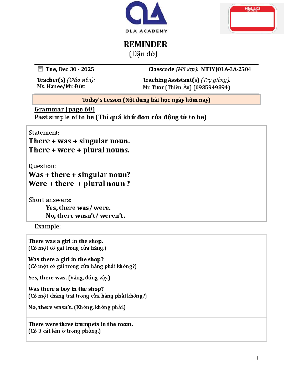 NT1YJOLA-3A-2504 - Lesson Reminder on Past Simple Grammar - Studocu