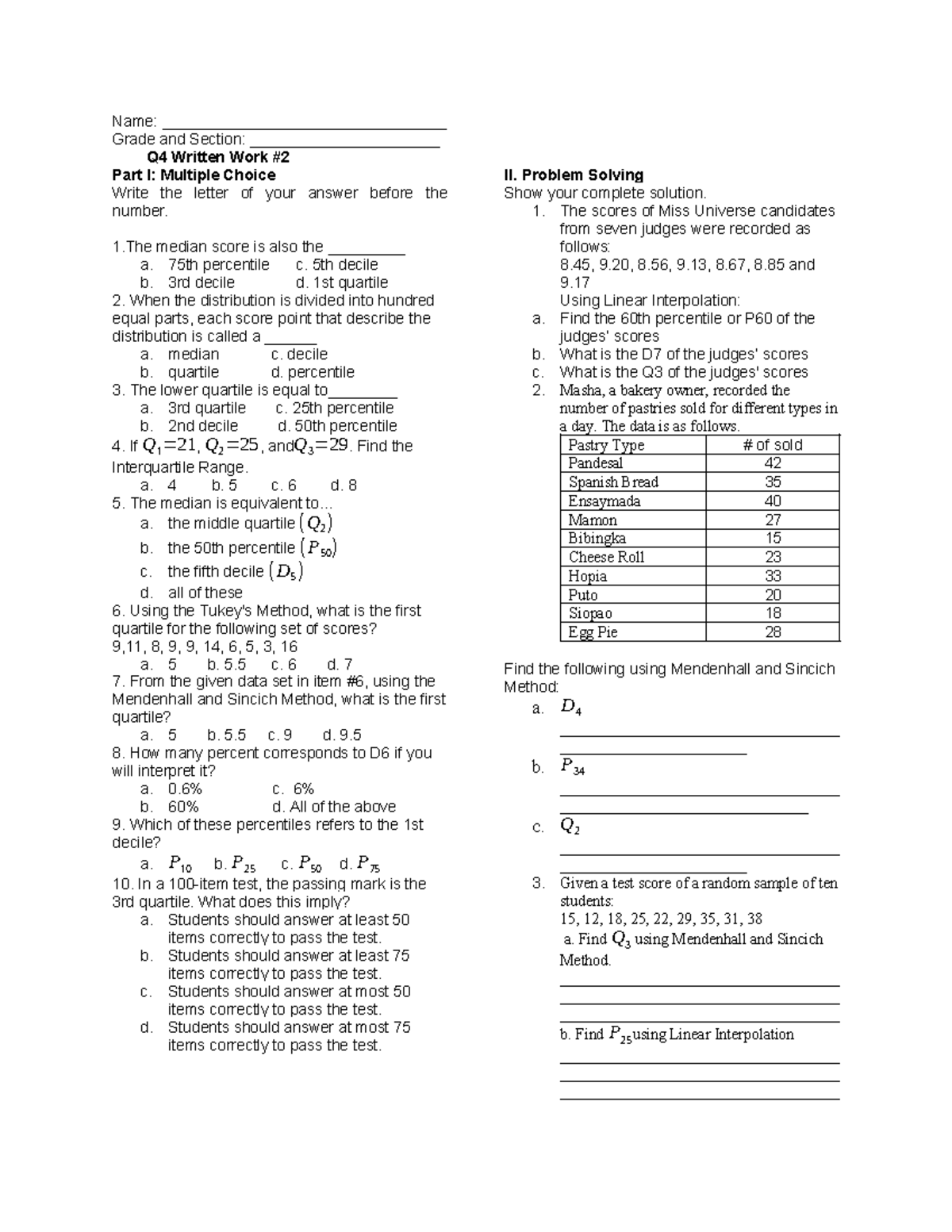Q4 WW2-1: Multiple Choice & Problem Solving Test on Quartiles and ...