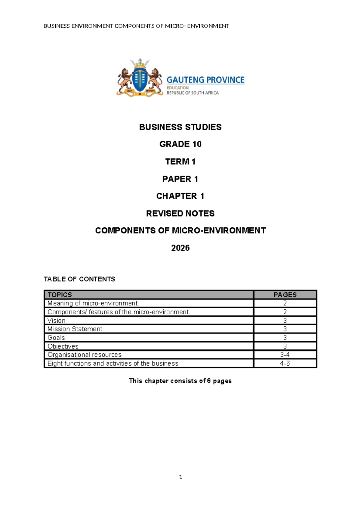 BUSINESS STUDIES GRADE 10 TERM 1 CHAPTER 1 REVISED NOTES 2026 - Studocu