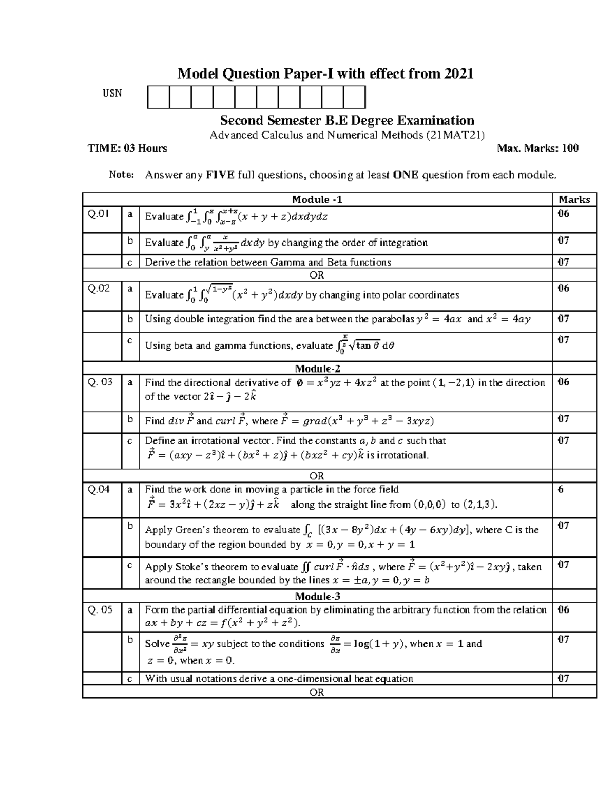21MAT21 Model Question Paper I - Advanced Calculus and Numerical Methods - Studocu
