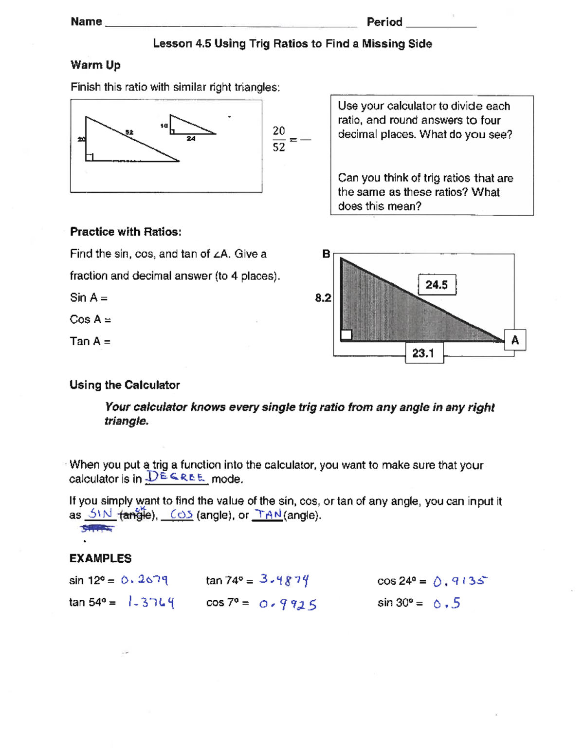 4.5+Notes+Filled+In.pdf - Name Period Lesson 4 Using Trig Ratios to ...