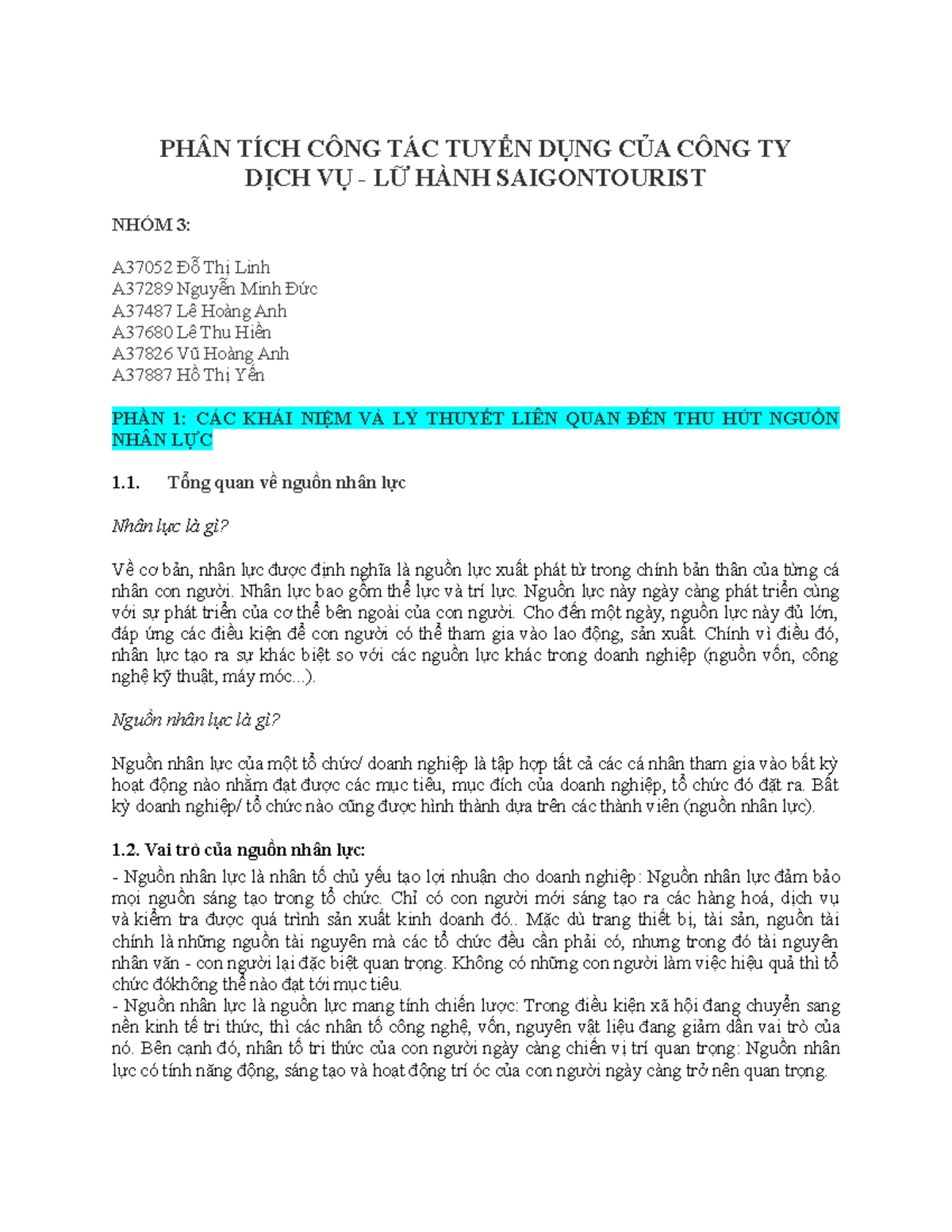 Phân Tích Công Tác Tuyển Dụng Tại Saigon Tourist - Nhóm 3 A37052 A37289 ...