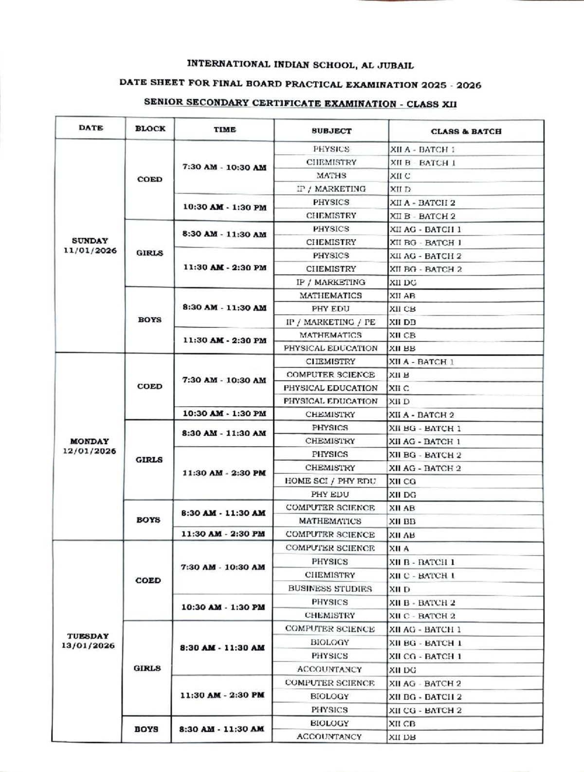Class XII - Final Board Practical Exam Datesheet 2025-26 - Studocu