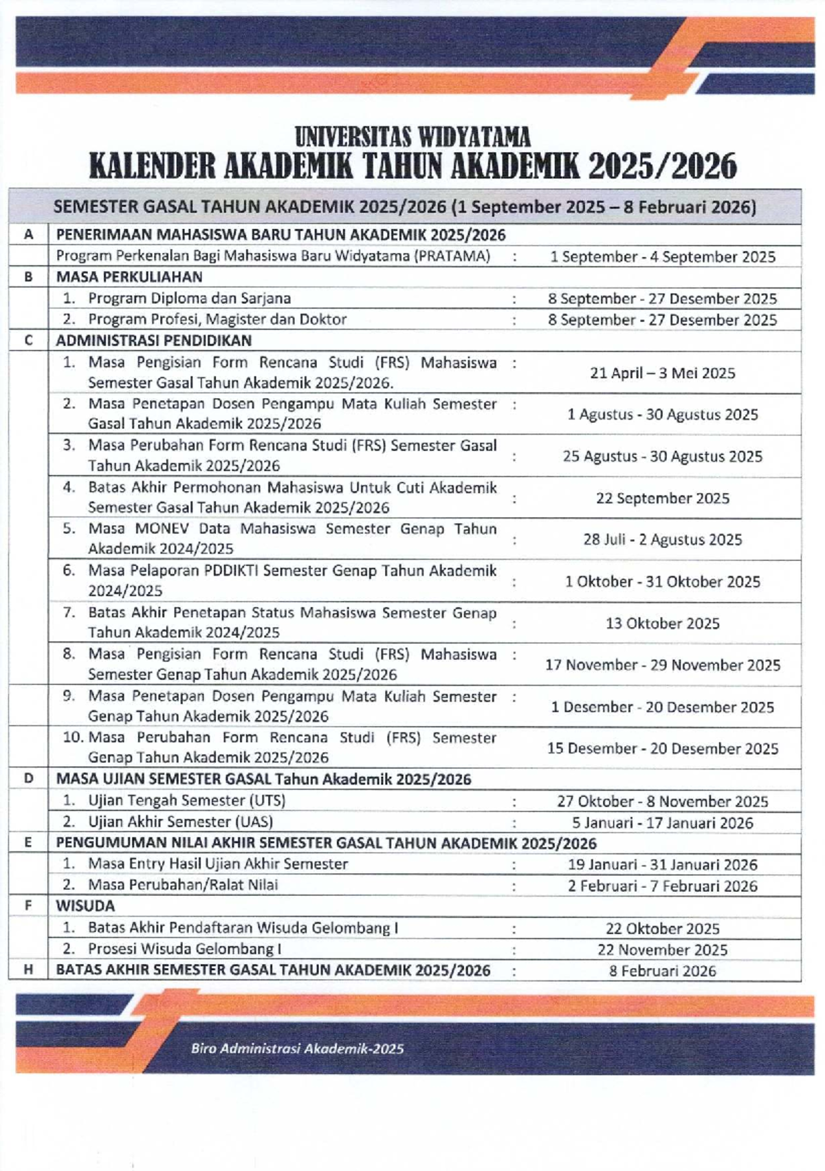 Kalender Akademik Universitas Widyatama 2025-2026 - Studocu