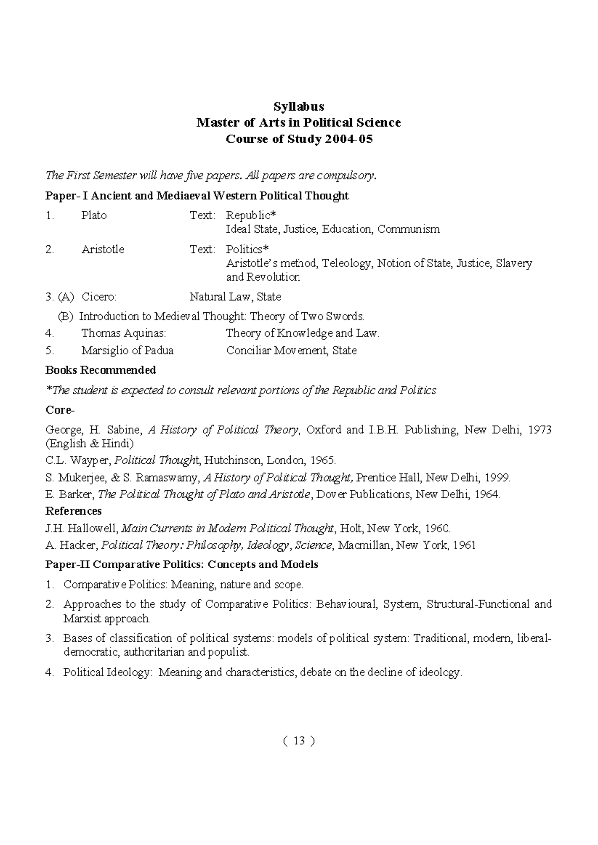 MAI 101 - Syllabus for Master of Arts in Political Science: First ...