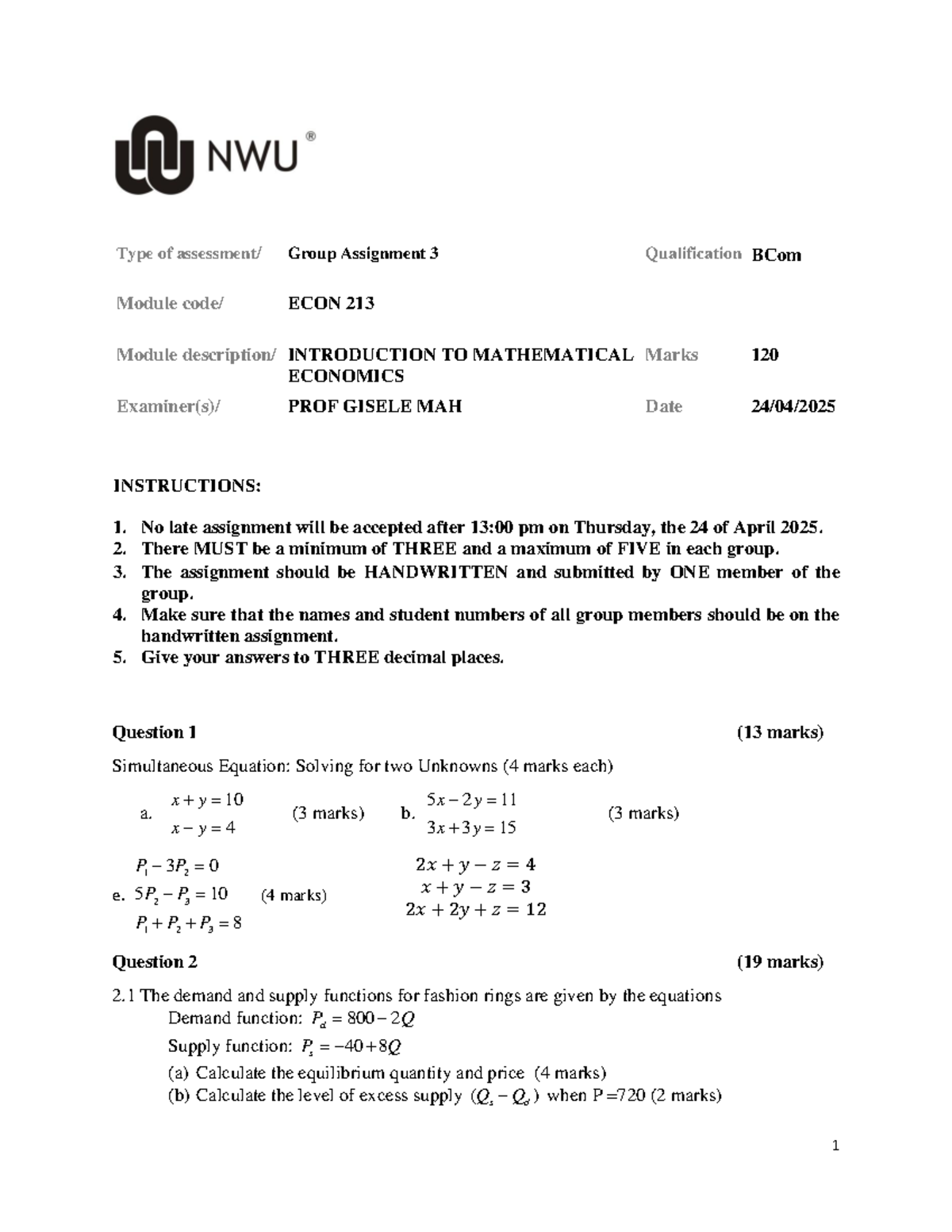 Group Assignment 3 - ECON 213: Introduction to Mathematical Economics ...