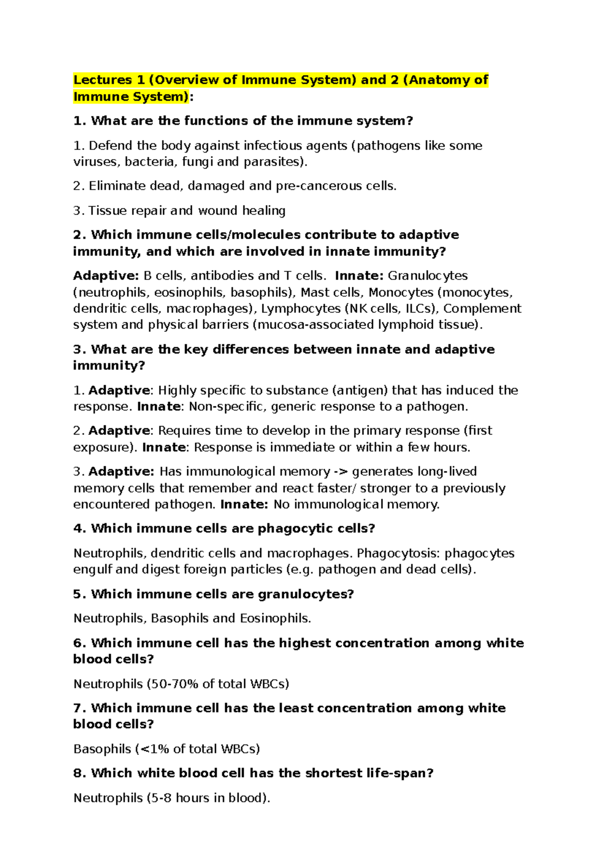 Test 1 Review Questions: Overview of Immune System Functions and Cells ...
