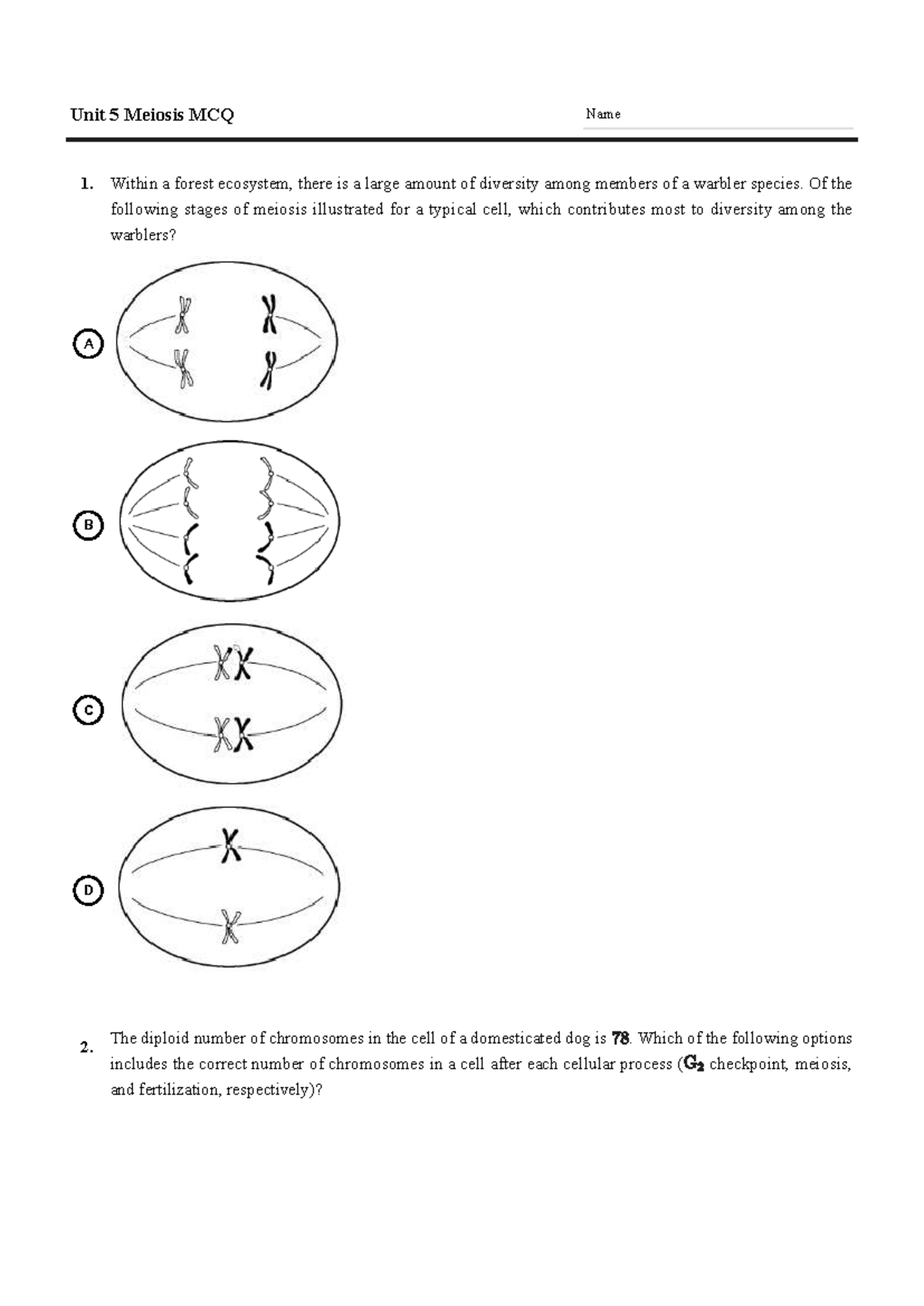AP Biology Unit 5 Meiosis MCQ Test Booklet - Studocu