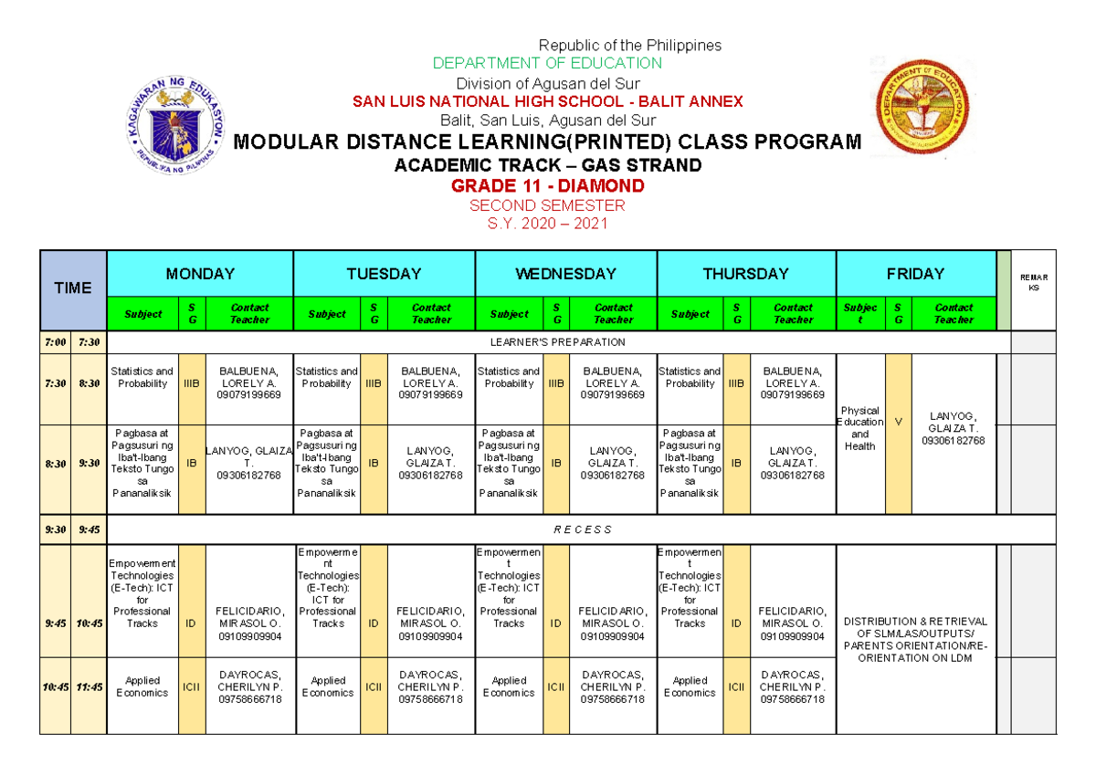 Grade 11 Academic Track GAS Strand Second Semester Schedule 2020-2021 ...