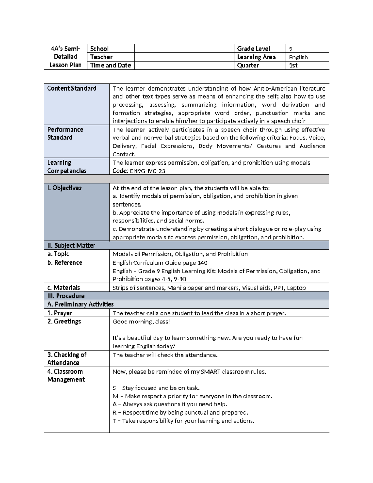 Grade 9 English Lesson Plan: Modals of Permission, Obligation ...