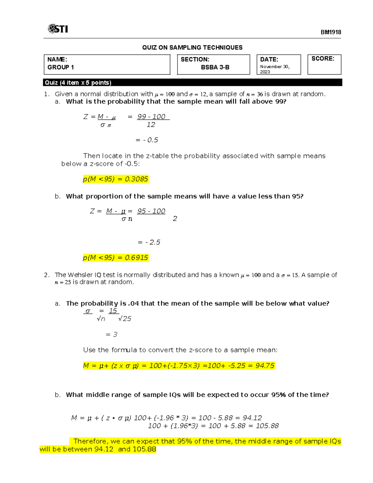 06 Quiz 18 - Sampling Techniques and Probability Concepts - Studocu