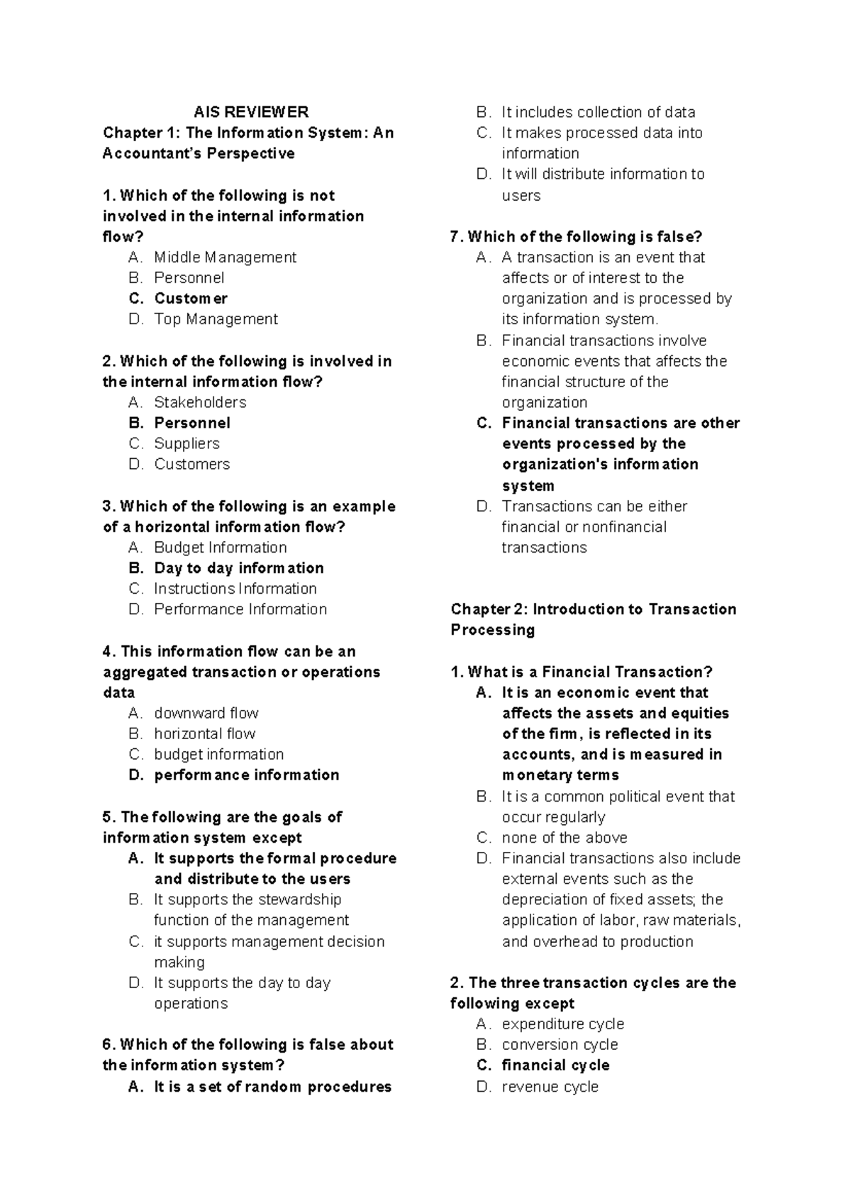 AIS REVIEWER: Chapters 1-4 Overview of Information Systems and Cycles ...