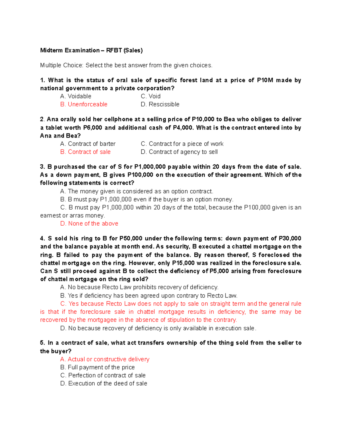 Midterm Exam RFBT (Sales) Multiple Choice Questions and Answers - Studocu
