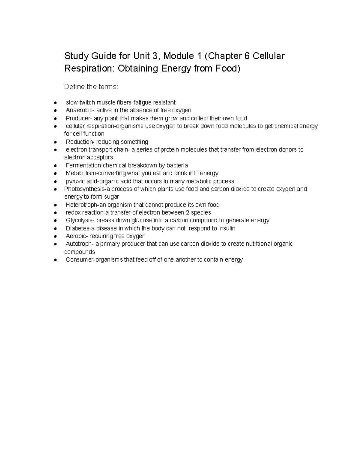 Vocabulary - Study Guide for Unit 3, Module 1 (Chapter 6 Cellular ...