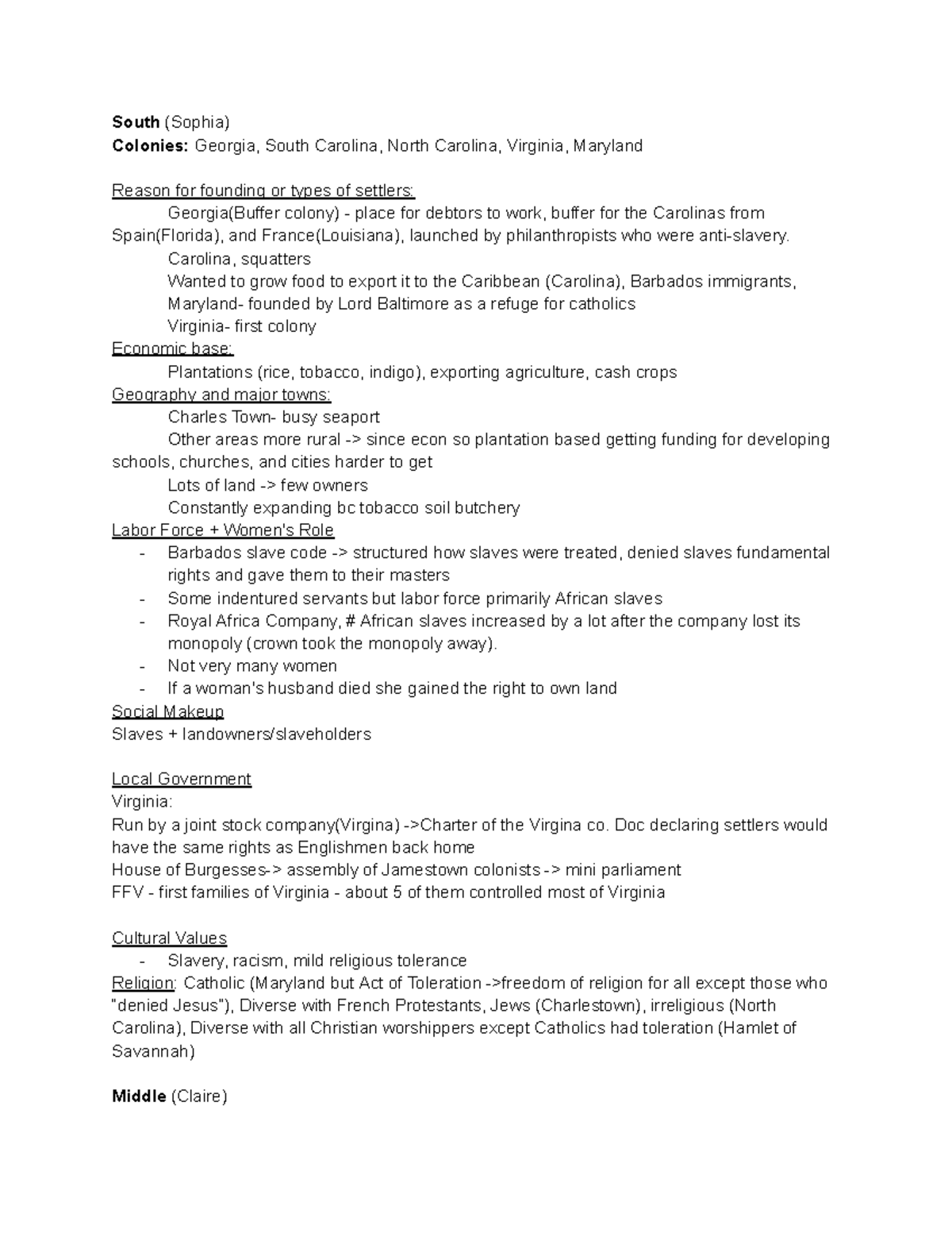 Colonial Comparison Notes: Southern, Middle, and Northern Colonies ...