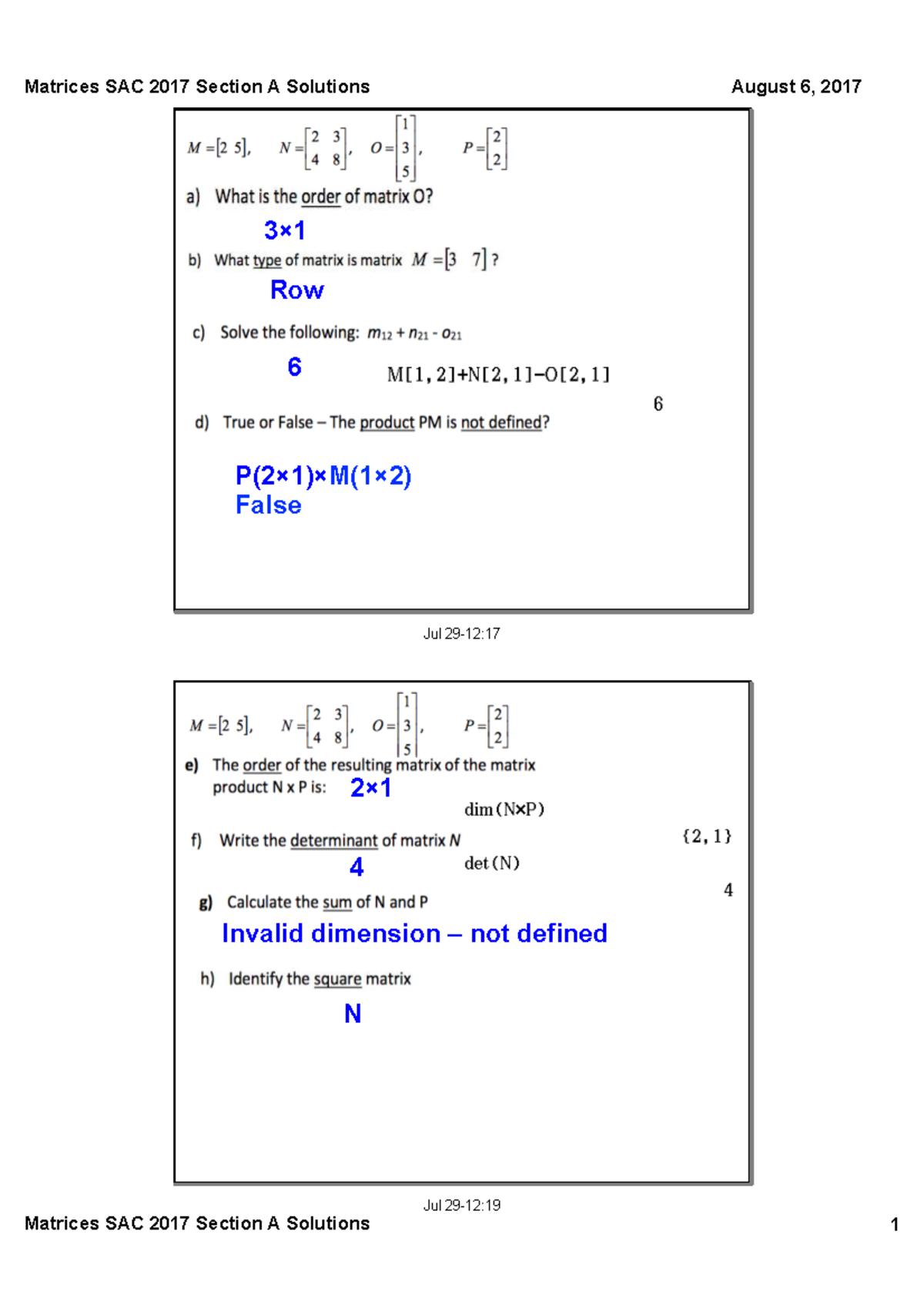 Matrices SAC 2017 Section A Solutions Overview - Studocu