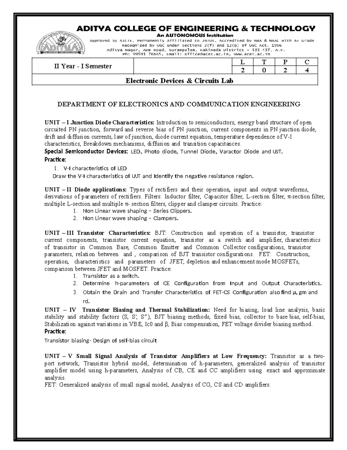 EDC Lab Manual: II Year I Sem - Electronic Devices Circuits - Studocu