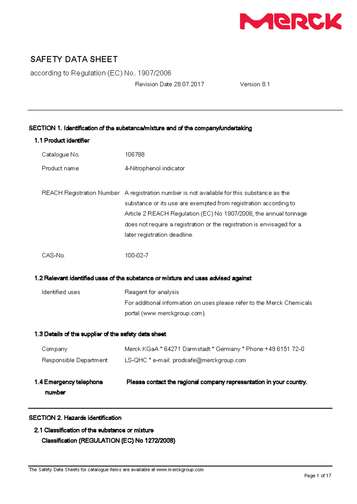 MSDS for HCl and 4-Nitrophenol Indicator (Cat No. 106798) - Studeersnel