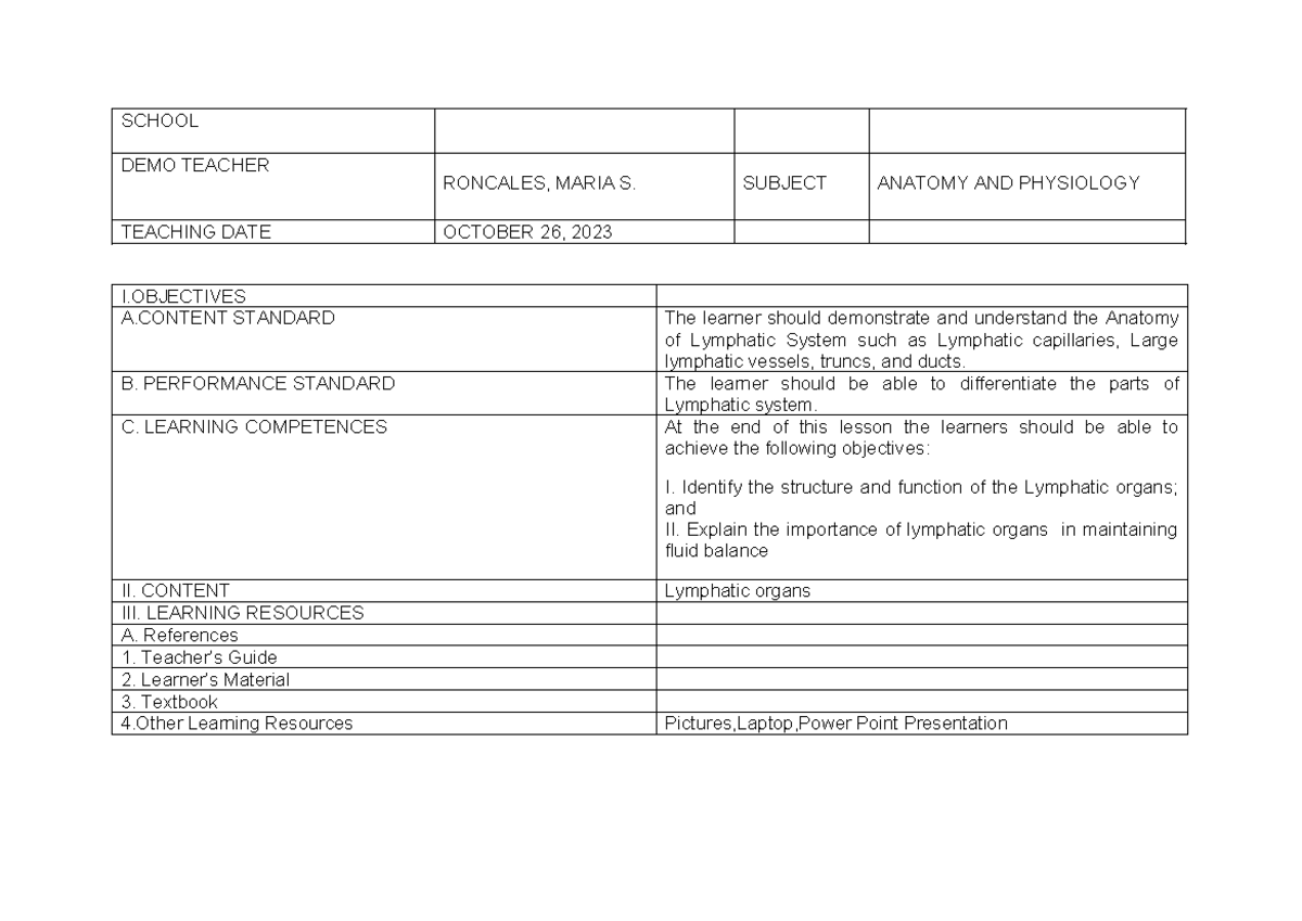 Anaphy(LP) - Lesson plan - SCHOOL DEMO TEACHER RONCALES, MARIA S ...