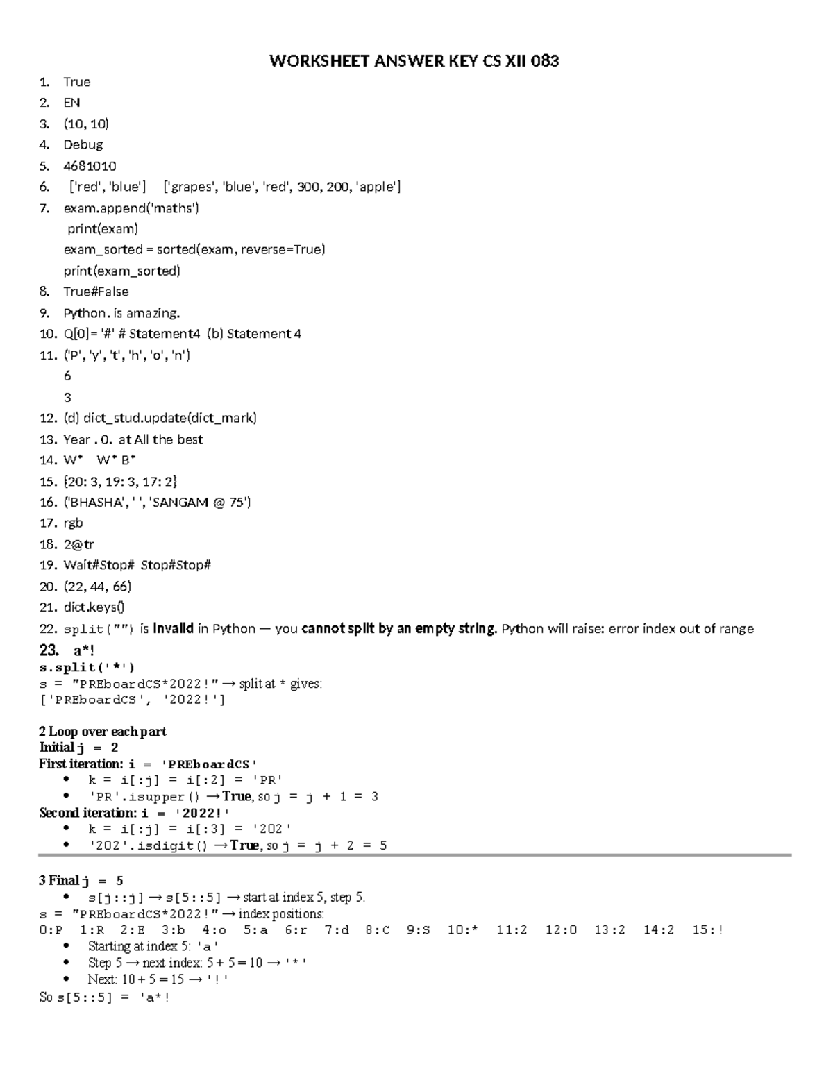 Worksheet Answer Key for CS XII 083 - Python Concepts - Studocu