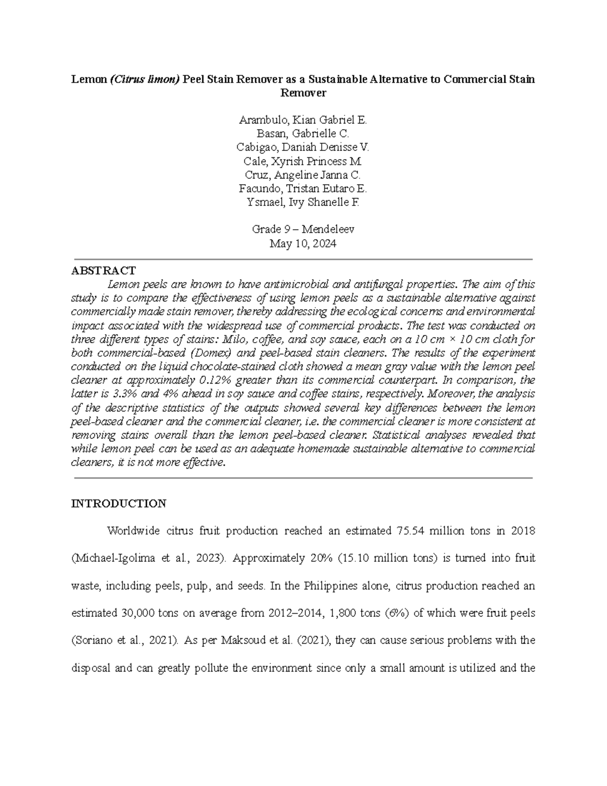 SIP Group 4 Mendeleev - Lemon Peel Stain Remover Study - Studocu