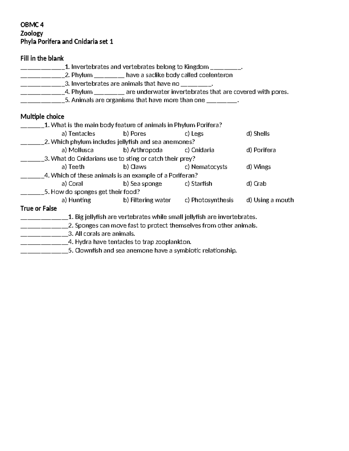 OBMC 4 Zoology 3rd Quarter - Phyla Porifera & Cnidaria Study Guide ...