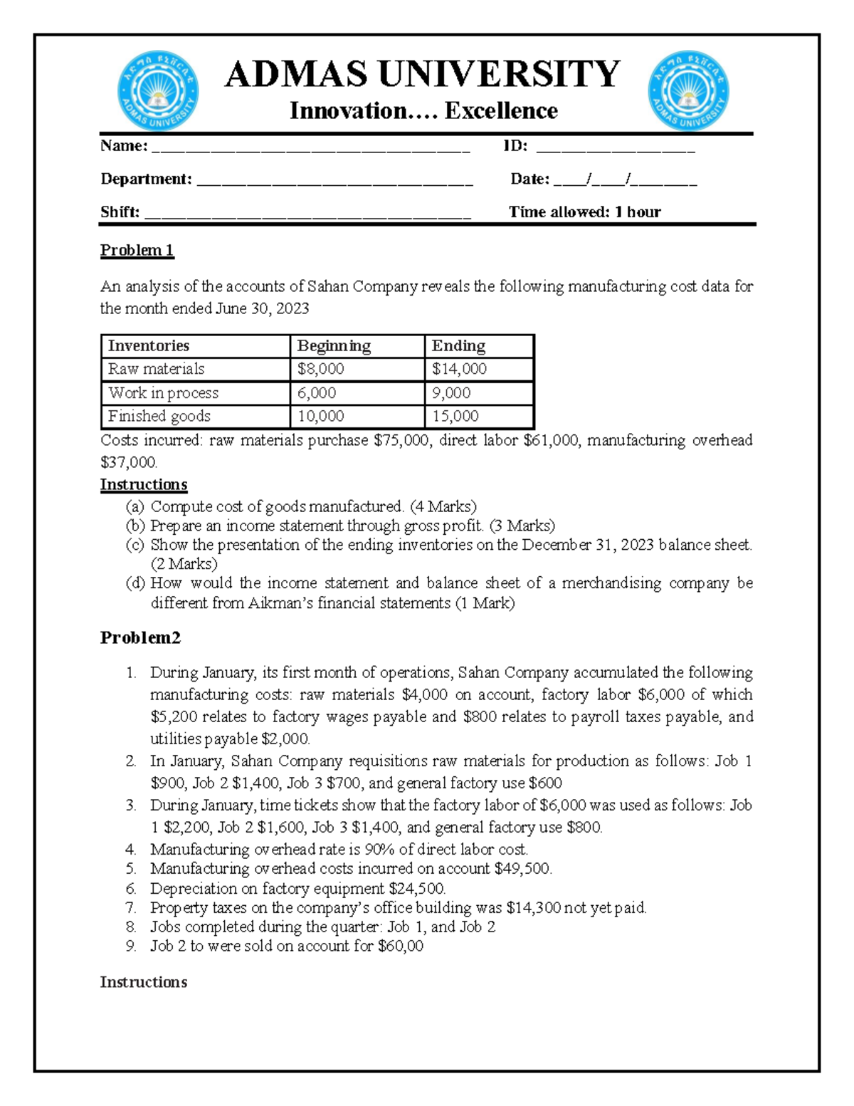 Cost Accounting Test 2B: Sahan Company Manufacturing Analysis - Studocu