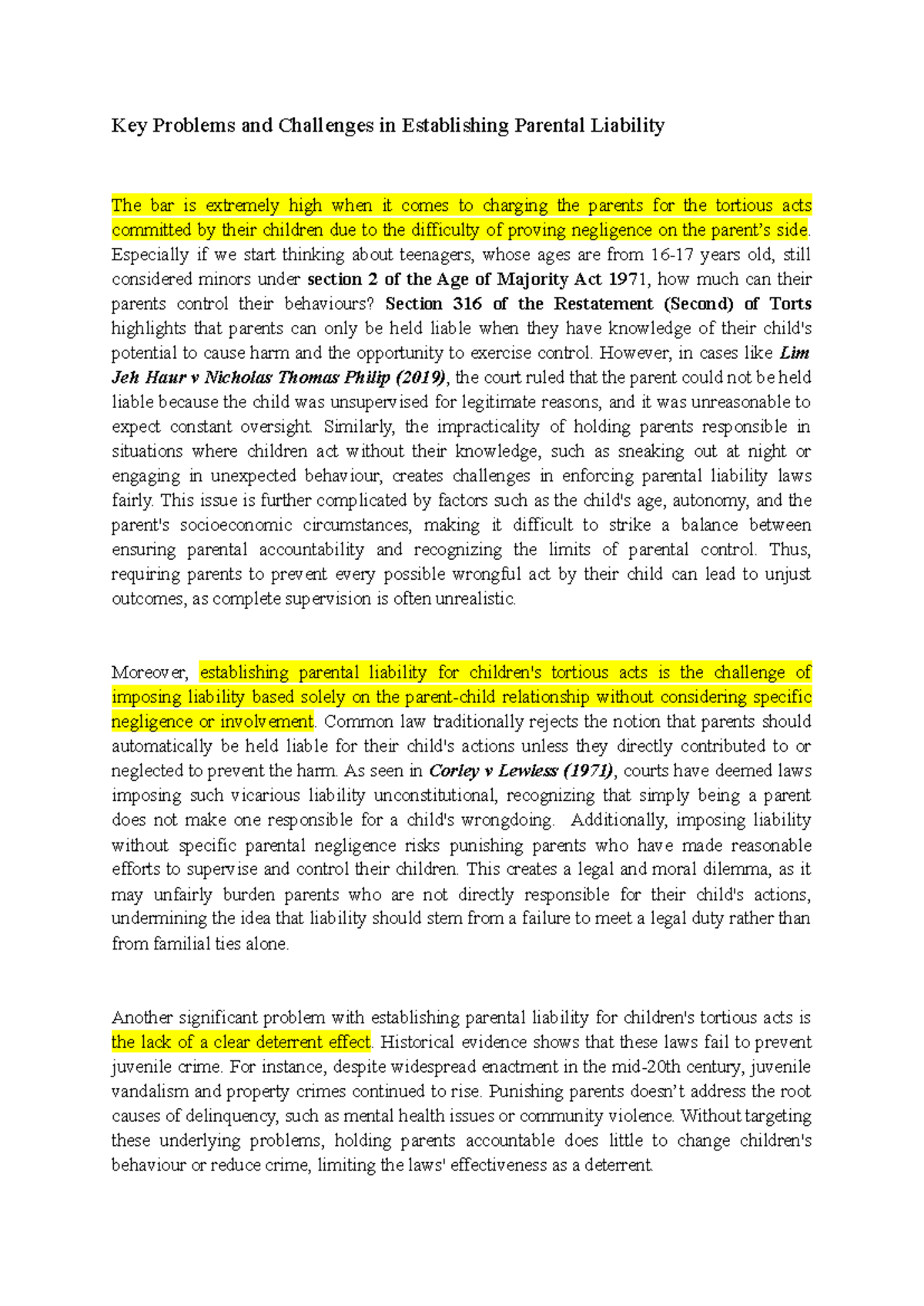 Key Problems and Challenges in Establishing Parental Liability ...
