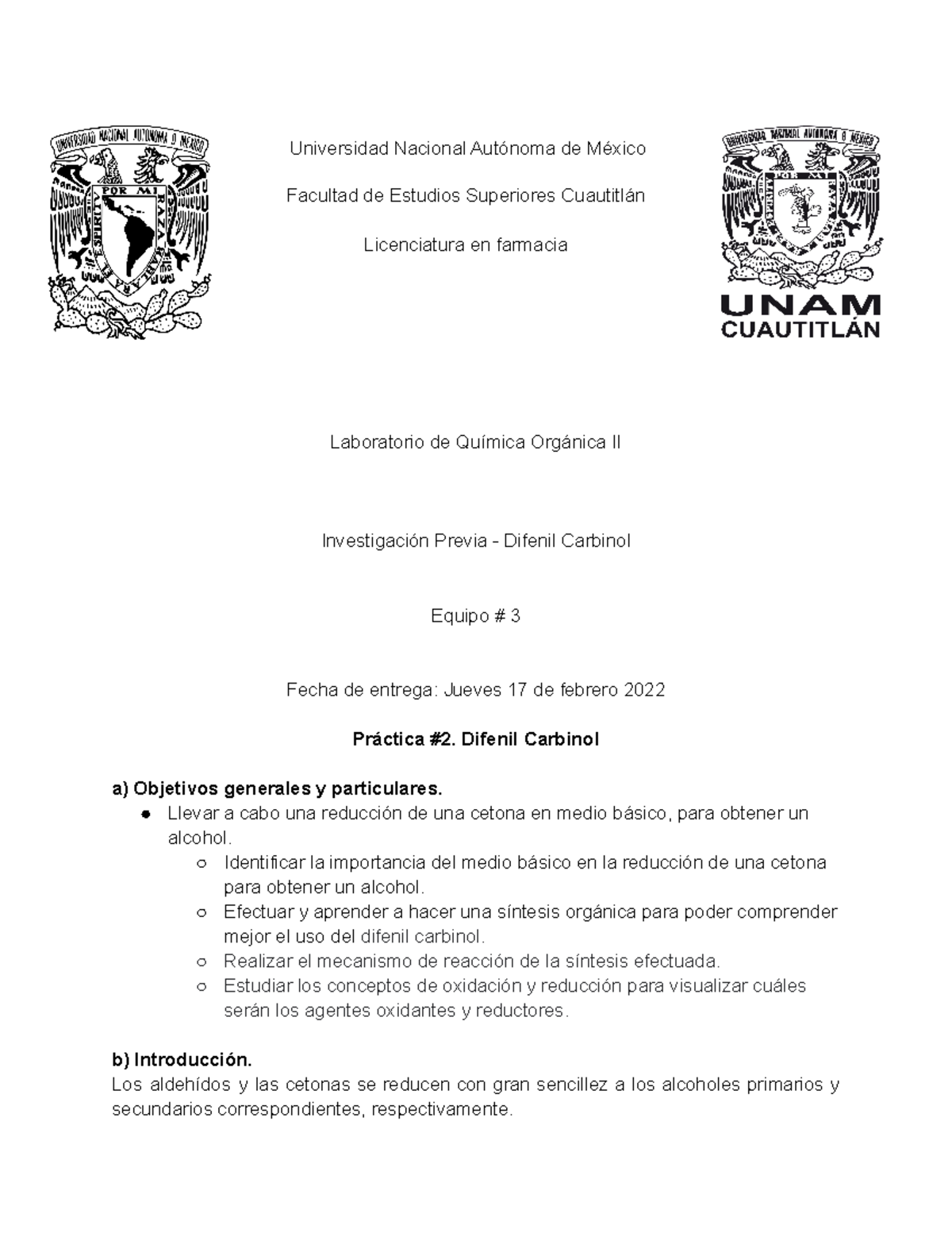 Investigación previa- Difenil Carbinol química orgánica - Universidad ...