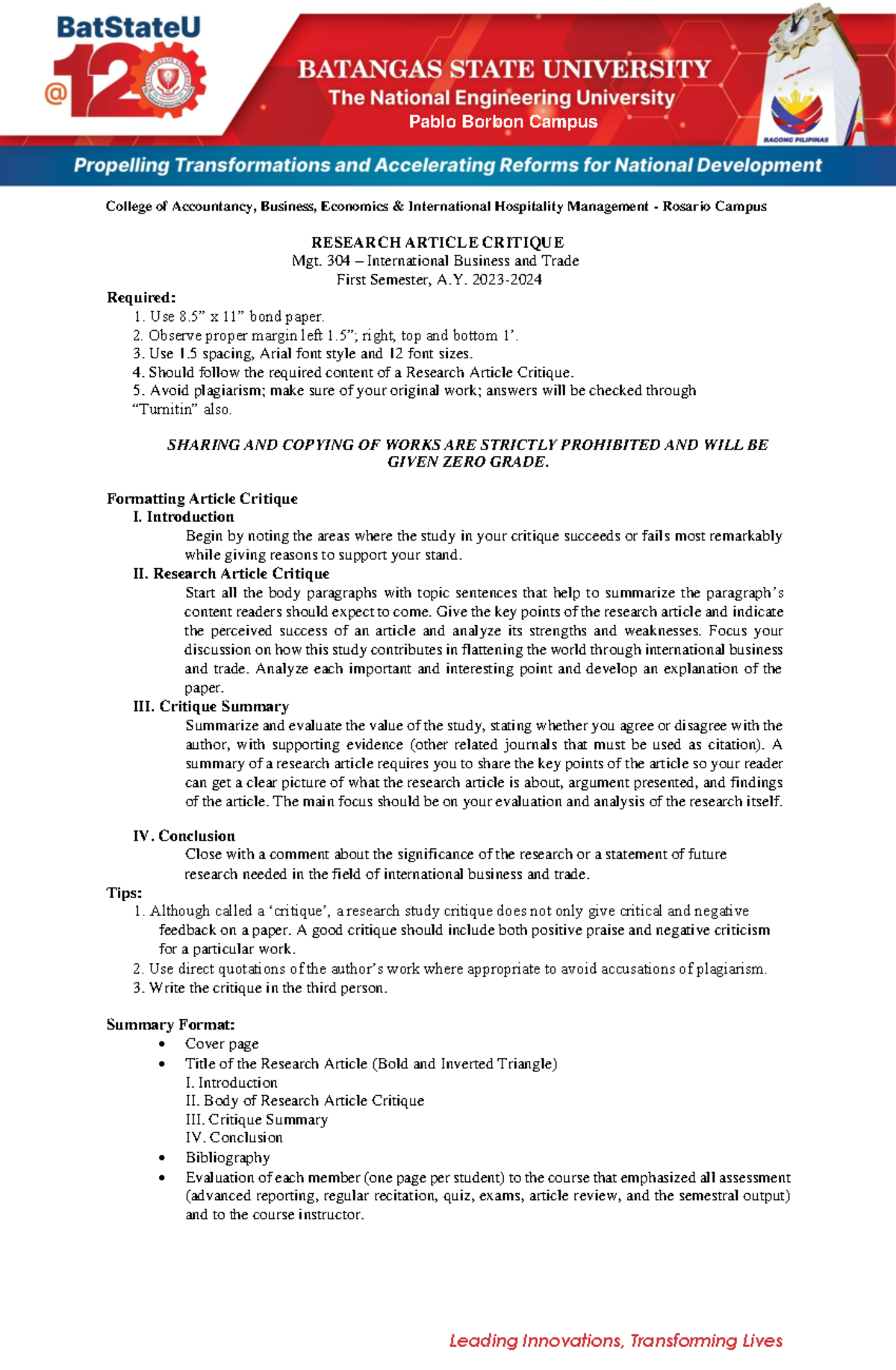 Guidelines for Research Article Critique MGT 304 (2023-2024) with Rubrics - Studocu