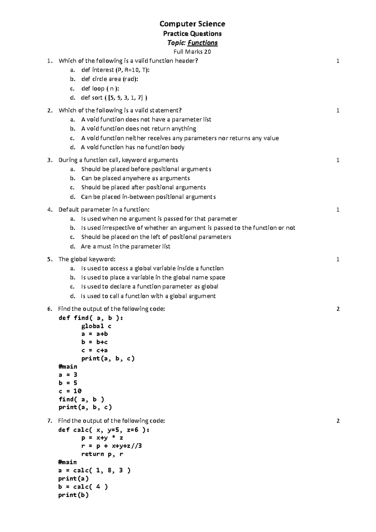 Computer Science Practice Questions-1, Functions - Computer Science ...