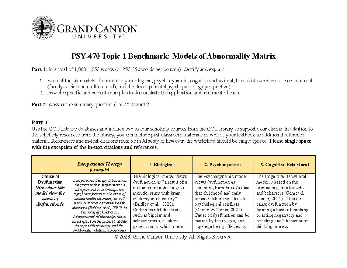 PSY-470 Topic 1: Models of Abnormality Matrix and Therapy Techniques ...