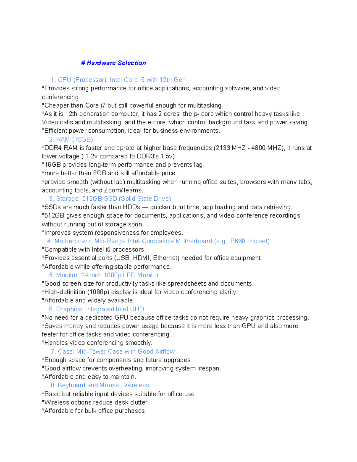 Hardware Selection 1: Optimal Office PC Components Guide - Studocu