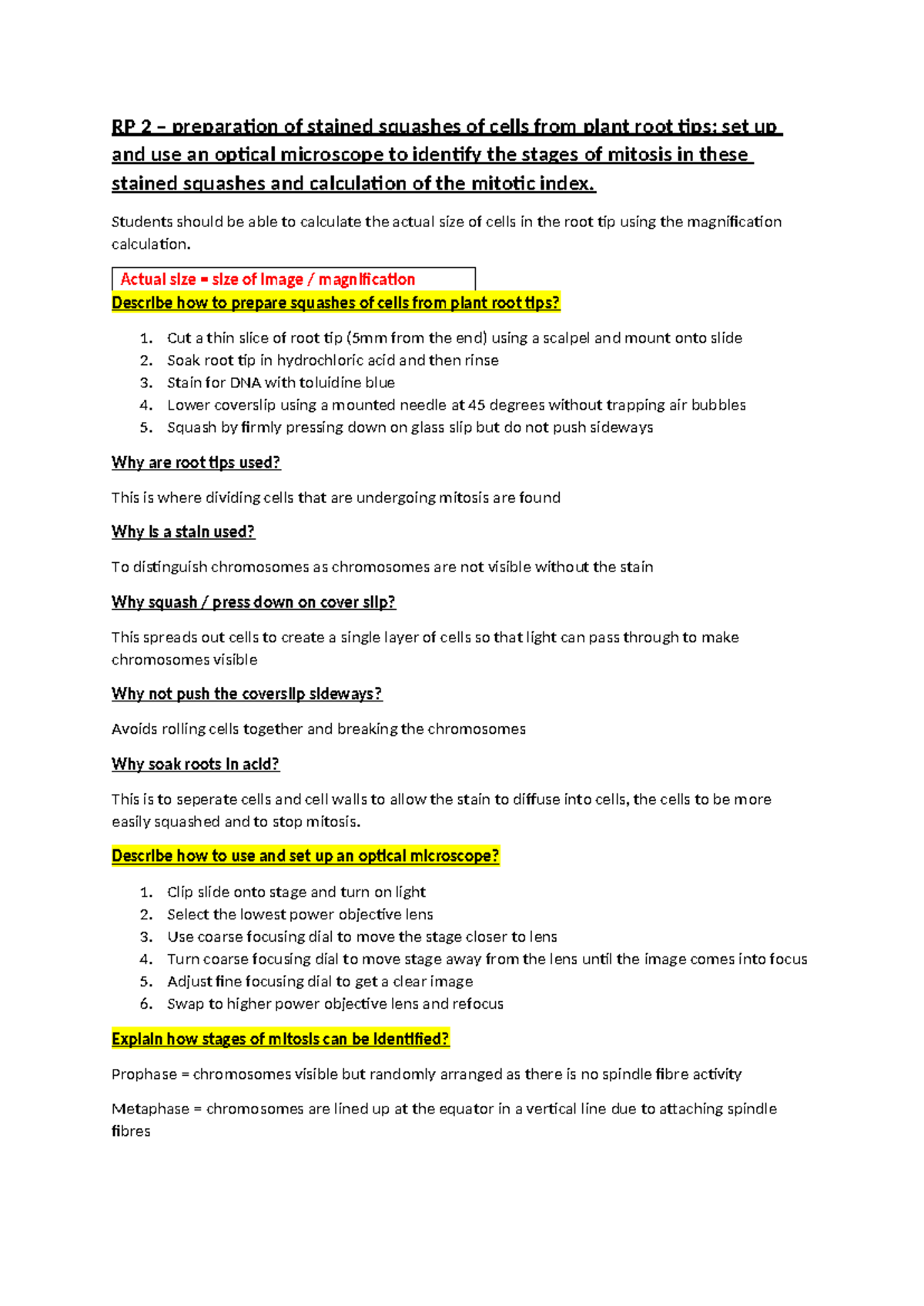 RP2: Stained Squashes of Plant Root Cells & Mitosis Analysis - Studocu