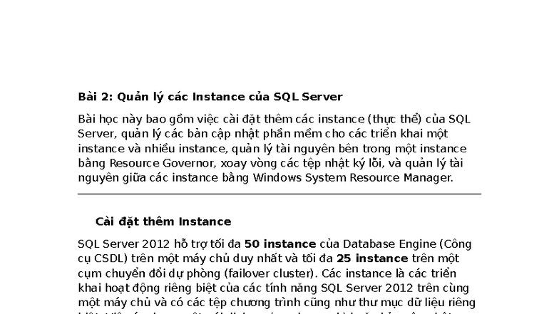 Bài 2: Quản lý Instance SQL Server 2012 - Cài đặt và Cấu hình - Studocu