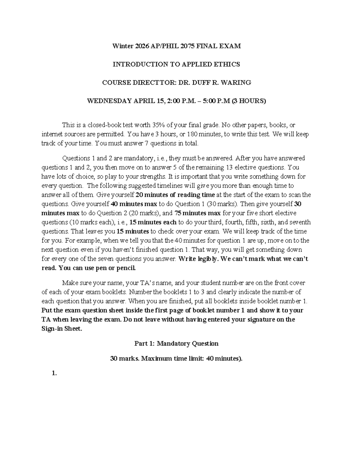 Winter 2026 2075 Final Exam Format: Intro to Applied Ethics - Studocu