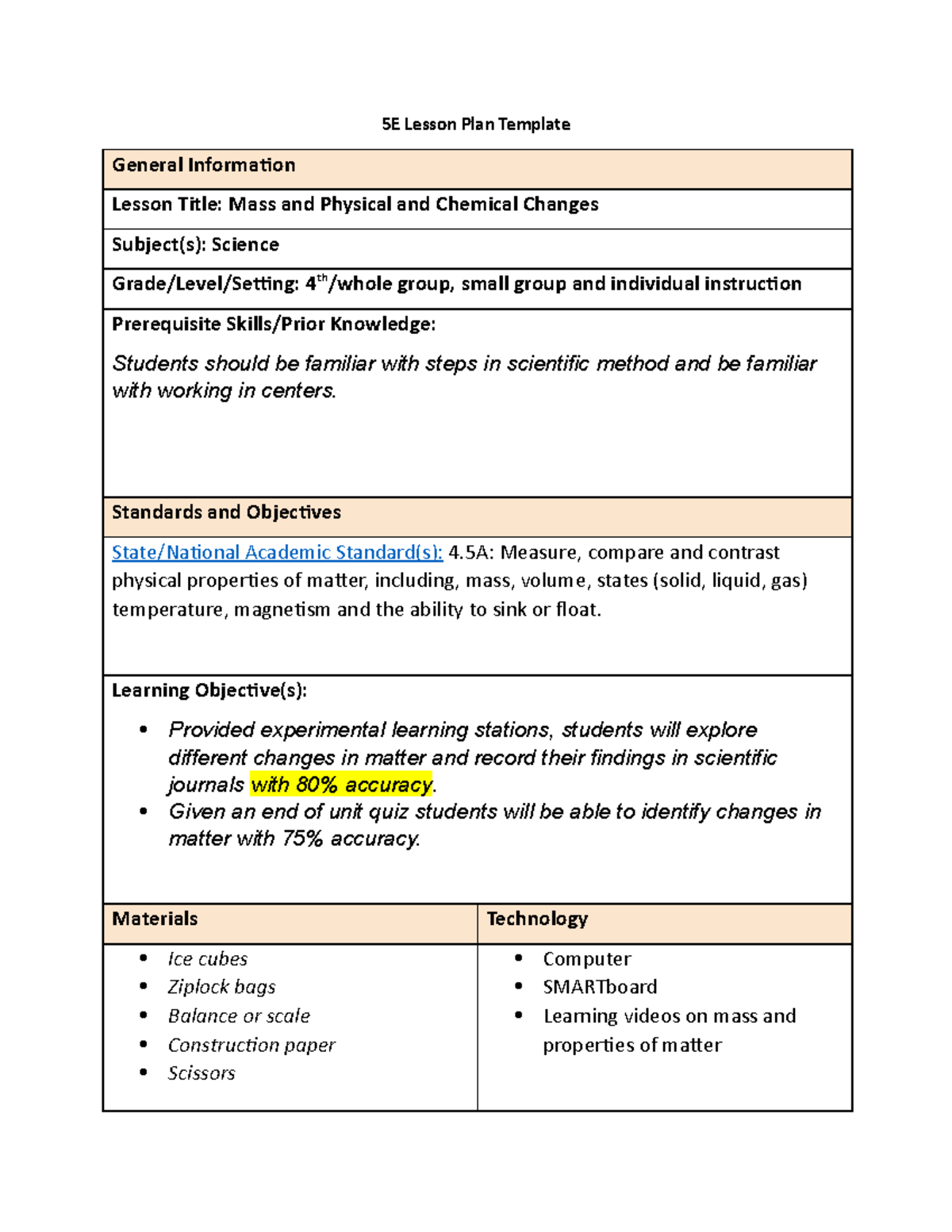 Science Methods Lesson Plan - 5E Lesson Plan Template General ...