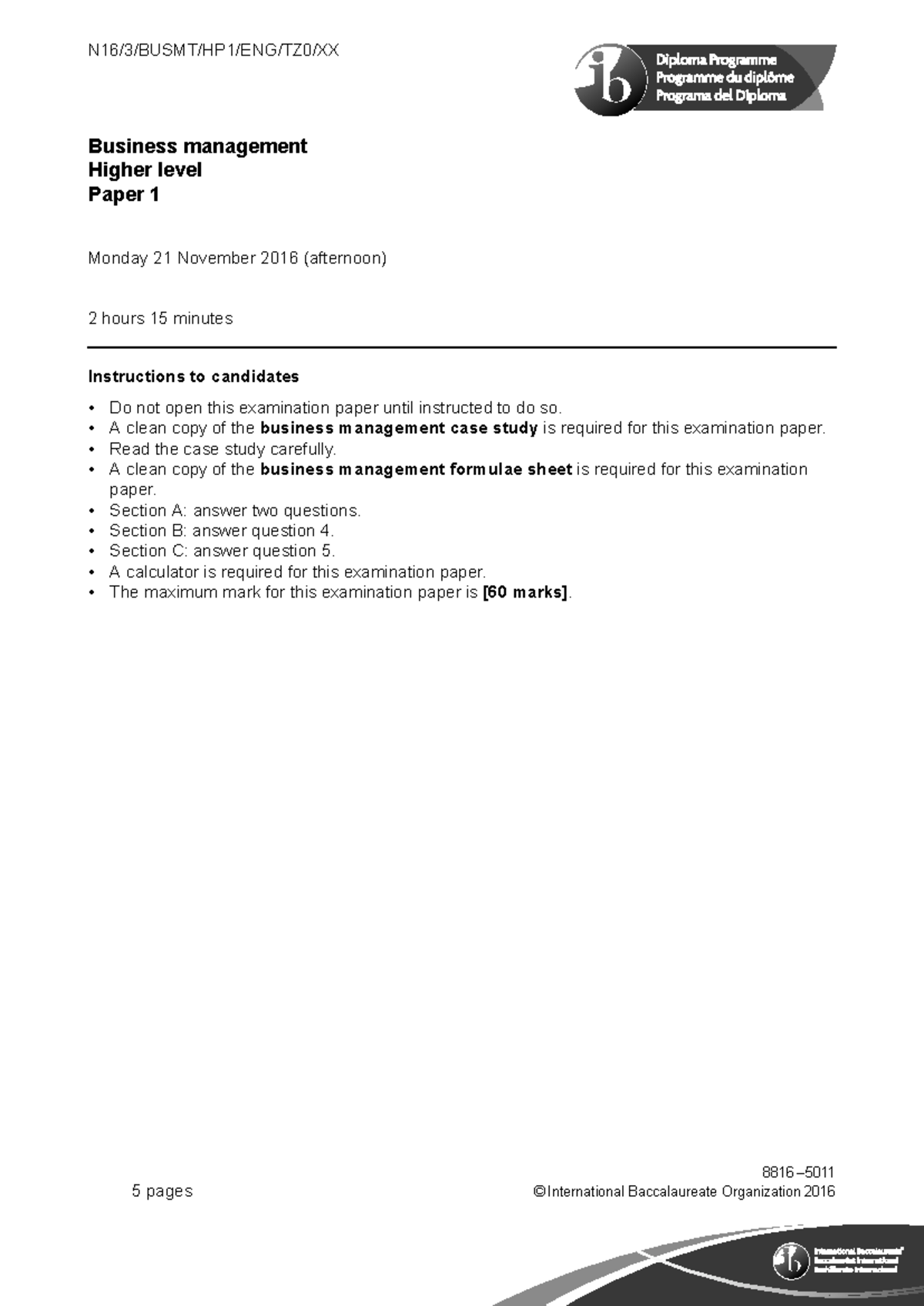 IB Business Management HL Paper 1 - November 2016 Exam Analysis - Studocu