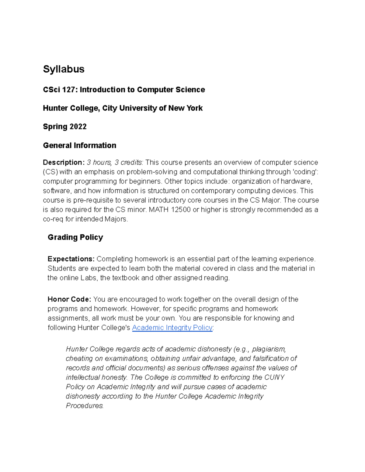 Csci 127 Introduction To Computer Science Syllabus Syllabus Csci 127